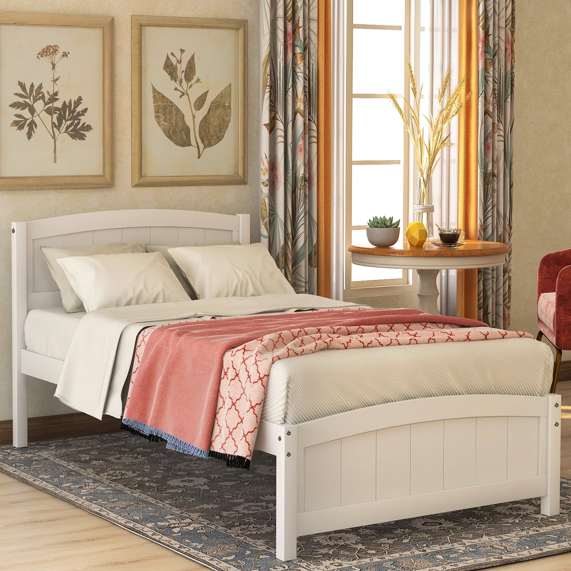 Wood Platform Bed with Headboard,Footboard and Wood Slat Support, Whit ...