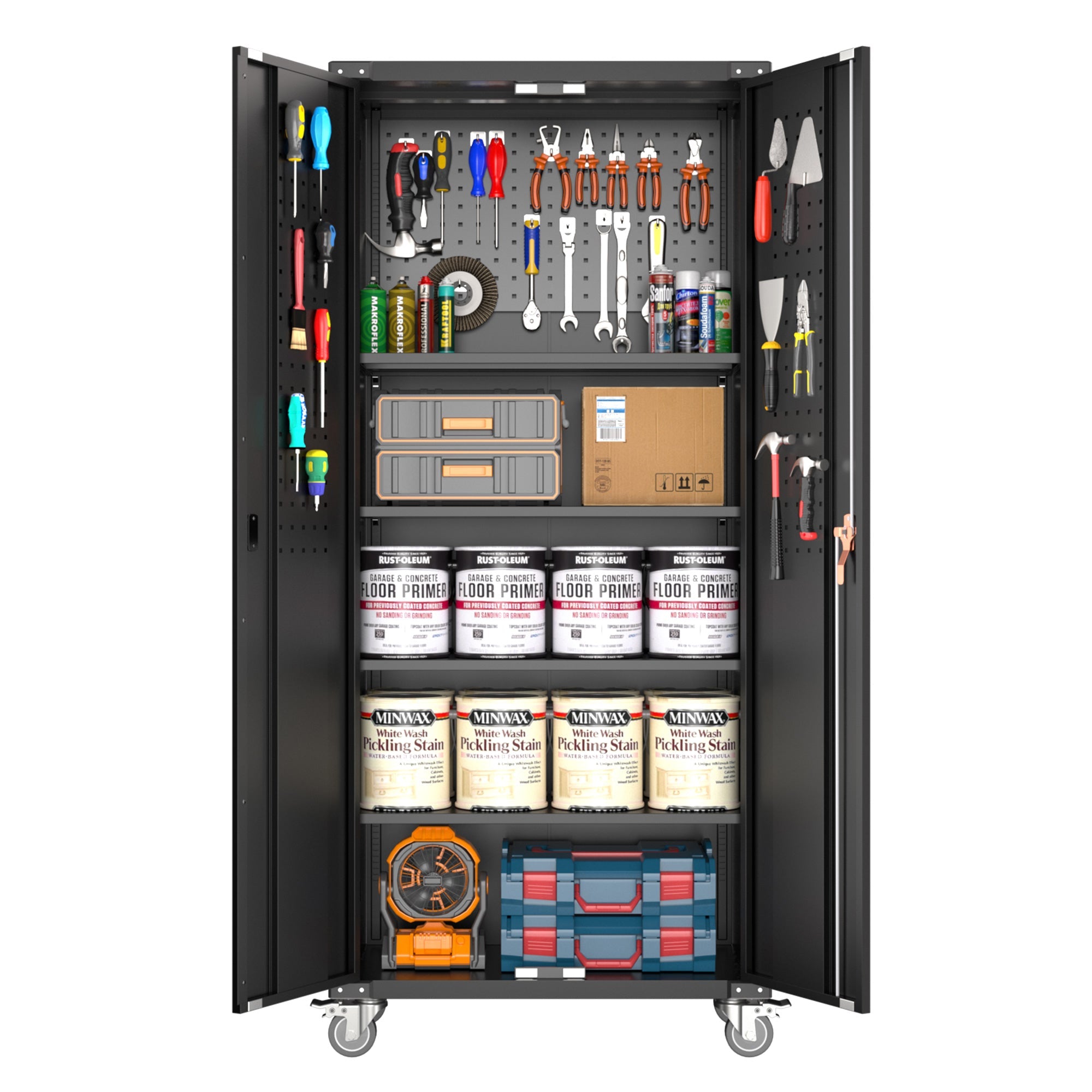 AOBABO 72 Inch Locking Metal Garage Storage Cabinet w/ Wheels & Pegboa ...