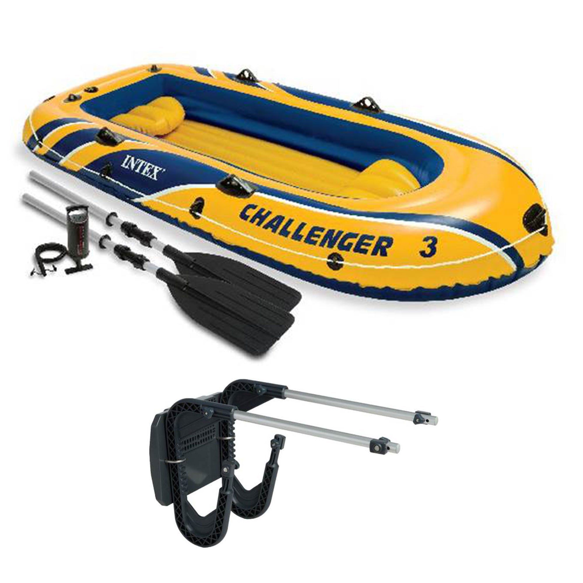 Intex Challenger 3 Boat 2 Person Raft & Oar Set Inflatable with Motor ...