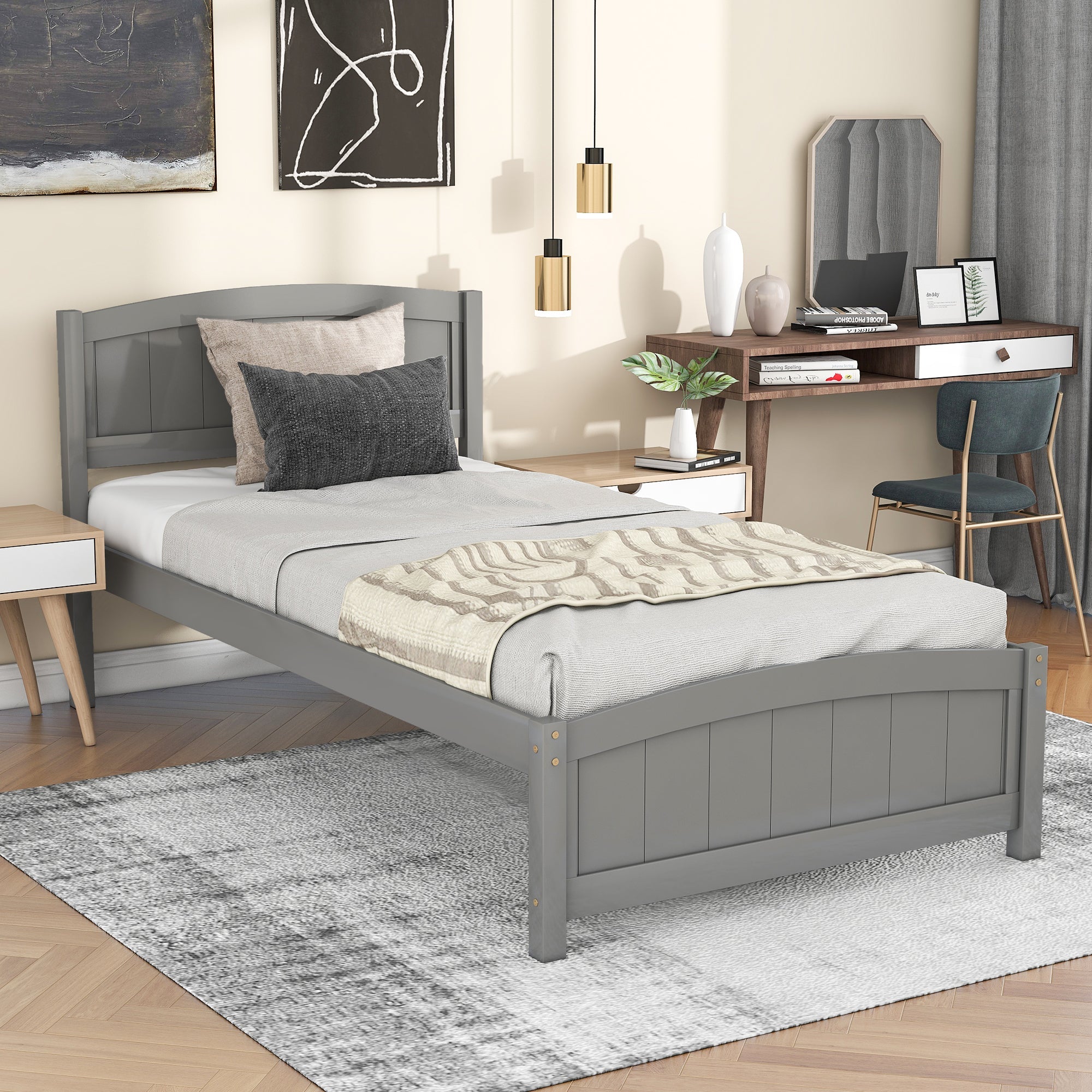 Wood Platform Bed with Headboard,Footboard and Wood Slat Support, Gray ...