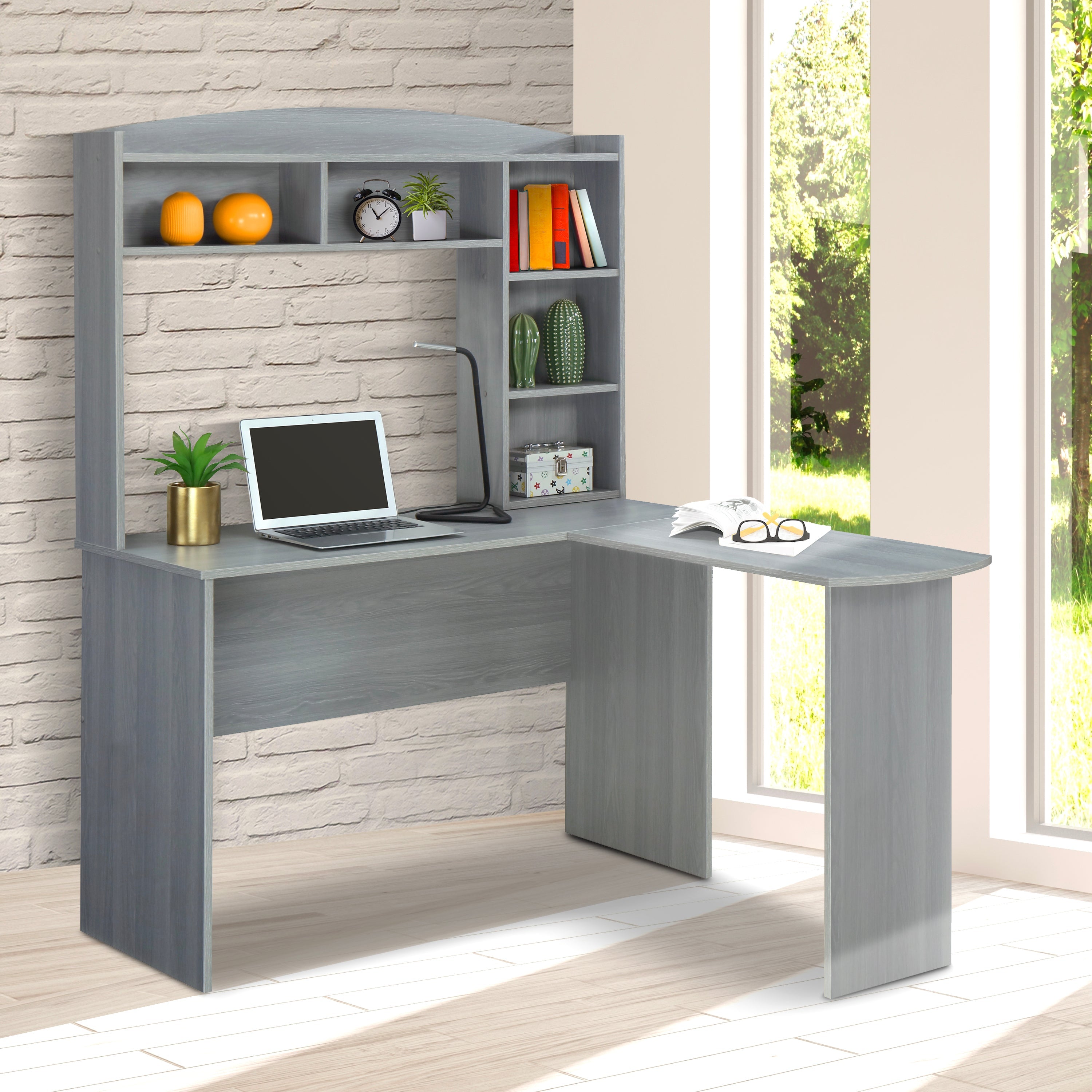 Modern L-Shaped Desk with Hutch, Grey – SOLBREEZE
